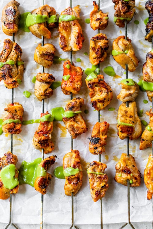 Peruvian-inspired Grilled Chicken Skewers with Avocado Aji Verde Sauce
