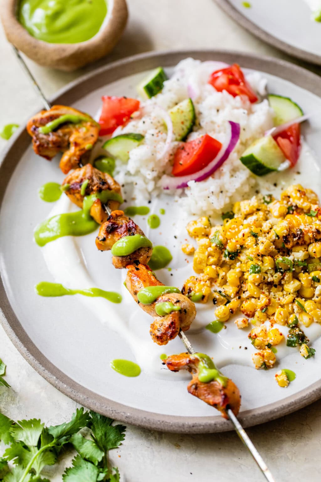 Peruvian Grilled Chicken Skewers with Avocado Aji Verde Sauce