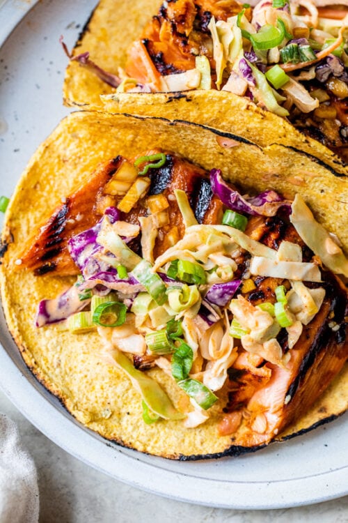 Korean-Inspired Salmon Tacos with Spicy Slaw - Skinnytaste